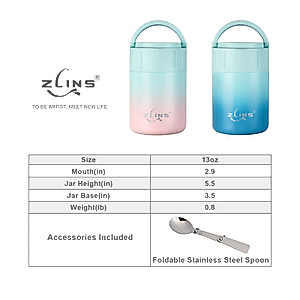 ZLINS Insulated Food Jar 13 oz, Foldable Spoon, Reusable Stainless Steel Lunch Thermos Container, Leak Proof Vacuum Lunch Storage for Soup Hot Cold, Smoothie Bowl with Handle Lid (Blush/Blue Ombre)