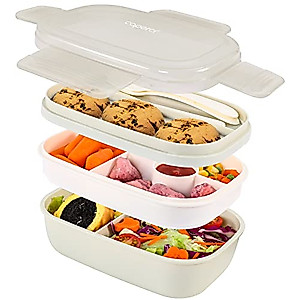 Caperci Stackable Bento Box Adult Lunch Box - 3 Layers All-in-One Lunch Containers with Multiple Compartments for Adults & Kids, 55 oz Large Capacity, Built-in Utensil Set & BPA Free (White)