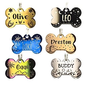 Personalized Dog Tag with 5 Lines of Custom Deep Engraved Durable Stainless Steel Pet ID Name Tag Designer Regular Size Bone