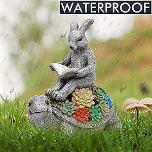 TERESA'S COLLECTIONS Garden Statues Rabbit Turtle Solar Easter Decoration Outdoor Statues Tortoise Bunny Statue Garden Gifts for Patio Balcony Porch Yard Decor, 9 inch