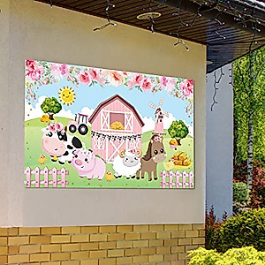 Farm Animals Theme Party Decorations, Pink Flowers Floral Barn Backdrop Banner for Grass Children Birthday Party Supplies, Farm Animals Scenic Background Photo Booth Banner, 72.8 x 43.3 Inch