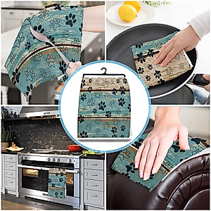 Dog Paws Prints Kitchen Towels 2 Pack, Rustic Teal Dish Towels for Kitchen, Farmhouse Turquoise Wood Absorbent Microfiber Puppy Paws Hand Towels for Bathroom, Soft Tea Towels Bar Towels, 18 x 28 Inch