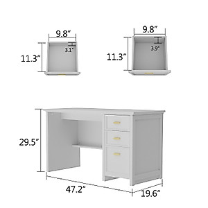 White Writing Desk with 3 Drawers - 47 inch Modern Home Office Computer Desk, Study Table PC Desk for Bedroom