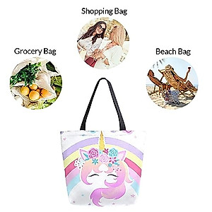 Naanle Canvas Tote Bag Large Women Casual Shoulder Bag Handbag Rainbow Unicorn Floral Canvas Tote Bag Reusable Grocery Shopping Cloth Bags Beach Bag for Women