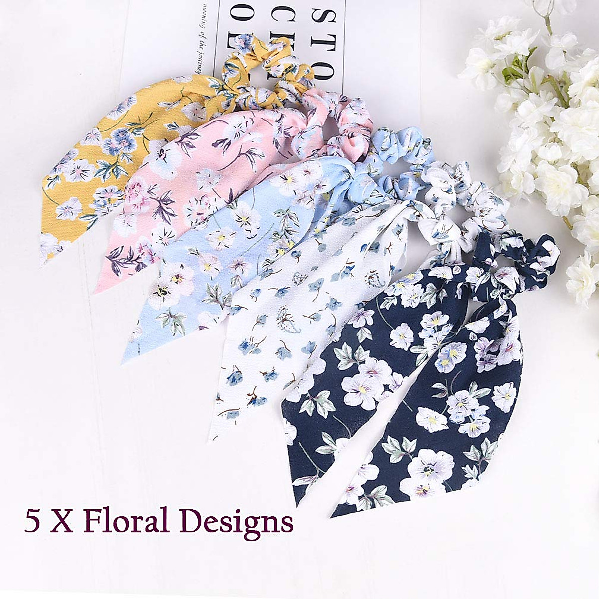 12 Pcs Hair Scarf/ Scrunchies Chiffon Floral Ponytail Holder Scrunchy Bands Ties 2 in 1 Vintage Accessories for Women Girls