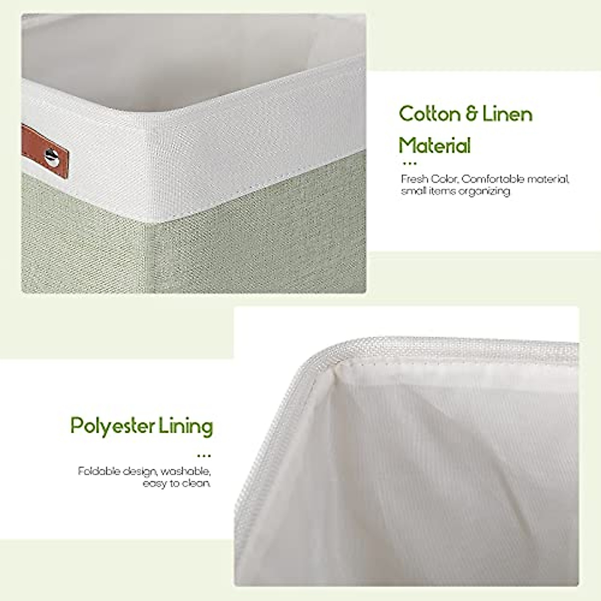 Lucky Monet 3PCS Foldable Fabric Storage Bin Set Collapsible Cotton Linen Storage Basket Cube Closet Organizer Box w/Faux Leather Handles (Green & White)