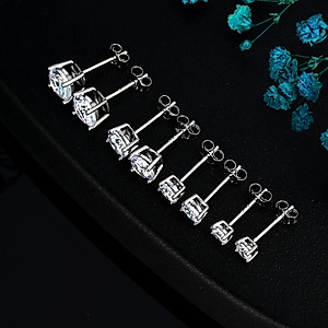 4 Pairs 925 Sterling Silver Round Stud Earring Set, 18K White Gold Plated Round Cut Clear Cubic Zirconia Hypoallergenic Earrings Pack for Women and Men