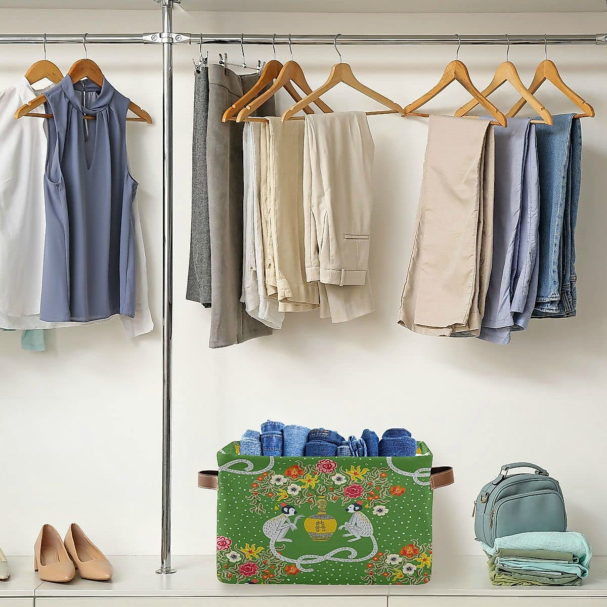 susiyo Large Foldable Storage Bin Tribal Elephants Storage Bins Collapsible Decorative Fabric Storage Baskets ,Green Chinoiserie Monkeys