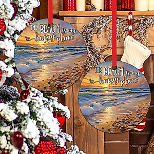 Swavecat Christmas Ornament - Sunset Beach Waves Coastal Ceramic Xmas Tree Keepsake The Beach is My Happy Christmas Ornaments Ocean Theme Beach Winter Seasonal Gift Holiday Decor