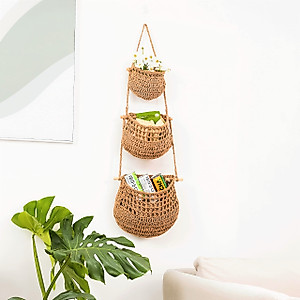 Hanging Fruit Basket, 3 Tier Woven Jute Wall Hanging Basket for Organizing, Hanging Produce Basket for Fruit & Vegetable Storage, Boho Kitchen Decor, Wall Basket Storage for Kitchen, Bedroom, Bathroom