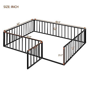 SIYSNKSI Queen Size Floor Bed with Fence and Door, Metal Floor Bed Frame, Montessori Bed Platform Bed Frame for Kids Boys Girls, Easy Assembly (Black + Metal-1)
