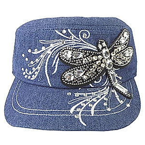 SILVERFEVER Women's Military Cadet Army Cap Hat Vintage Distressed or Rhinestone Crystals on Brim (Denim Blue -Crystal Dragonfly)