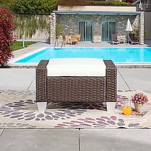 LOKATSE HOME Patio Wicker Ottoman Outdoor for Garden Yard Deck Poolside, Beige