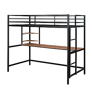 RORIGAT Twin Size Metal Loft Bed with Desk and Two Shelves Space-Saving Solution for Kids,Black