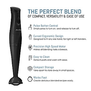 Elite Gourmet EHB2425B Electric Immersion, Mixer, Chopper, 1-Touch Control Hand Blender, 150 Watts, Black