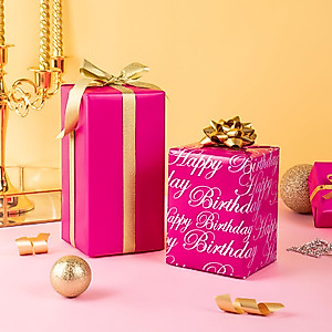 WRAPAHOLIC Reversible Birthday Wrapping Paper - Mini Roll - 17 Inch X 33 Feet - Hot Pink and Silver Foil Happy Birthday Lettering Design for Birthday, Holiday, Party, Baby Shower