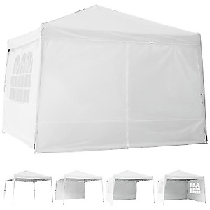 Elevon 10'x10' Pop Up Canopy with Sidewalls Adjustable Leg Heights with Wheeled Carrying Bag, Stakes, Rope and 4X Weighted Sand Bags, White with Sidewalls