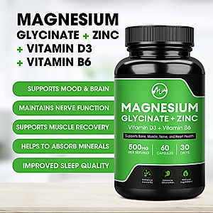 Magnesium Glycinate Capsules, Magnesium Glycinate Supplement with Magnesium Glycinate 500 mg, Zinc, Vitamin D3 & B6 - Promotes Nerve, Bowel, Relaxation Function - 60 Vegan Capsules