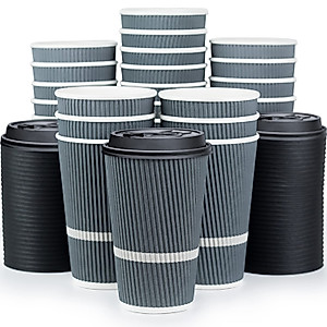 Glowcoast Disposable Coffee Cups With Lids - 16 oz To Go Coffee Cup (70 Pack). Large Travel Cups Hold Shape With Hot and Cold Drinks, No Leaks! Insulated Ripple Cups Protect Hands, No Sleeves needed!