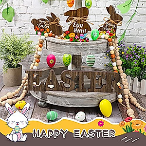 4 Pcs Easter Table Decorations Easter Bunny Signs Wooden Bunny Decor Easter Word Sign Rustic Farmhouse Rabbit Tiered Tray Decor Spring Sign for Home Party Decoration (Flower Bunny Style)