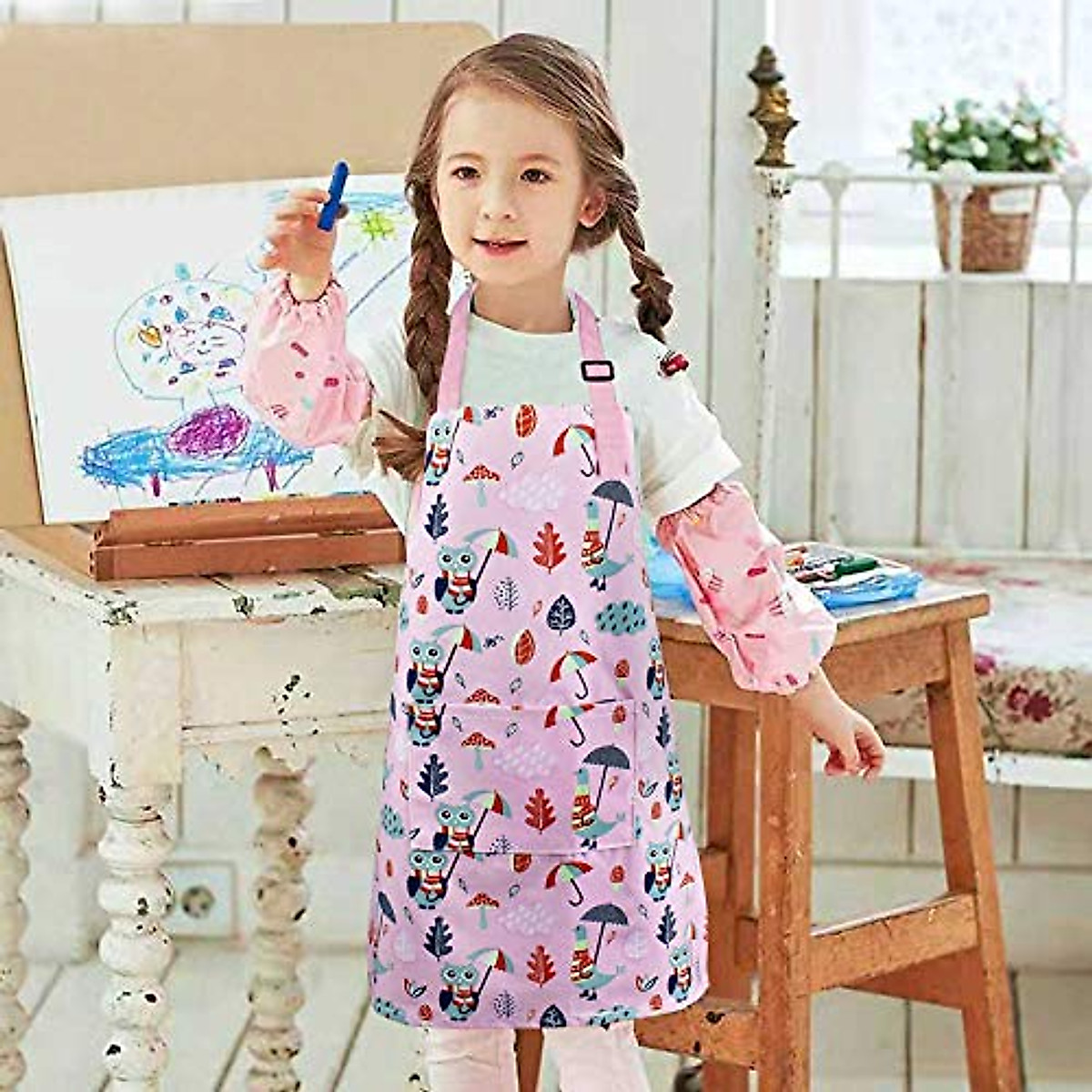 Pipoobear Kids Apron and Chef Hat for Girls Aged 6-12, Pink Children Kitchen Chef Costume Dress Up Set, Toddler Cotton Apron with Pocket and Adjustable Strap for Cooking Baking Painting Gardening