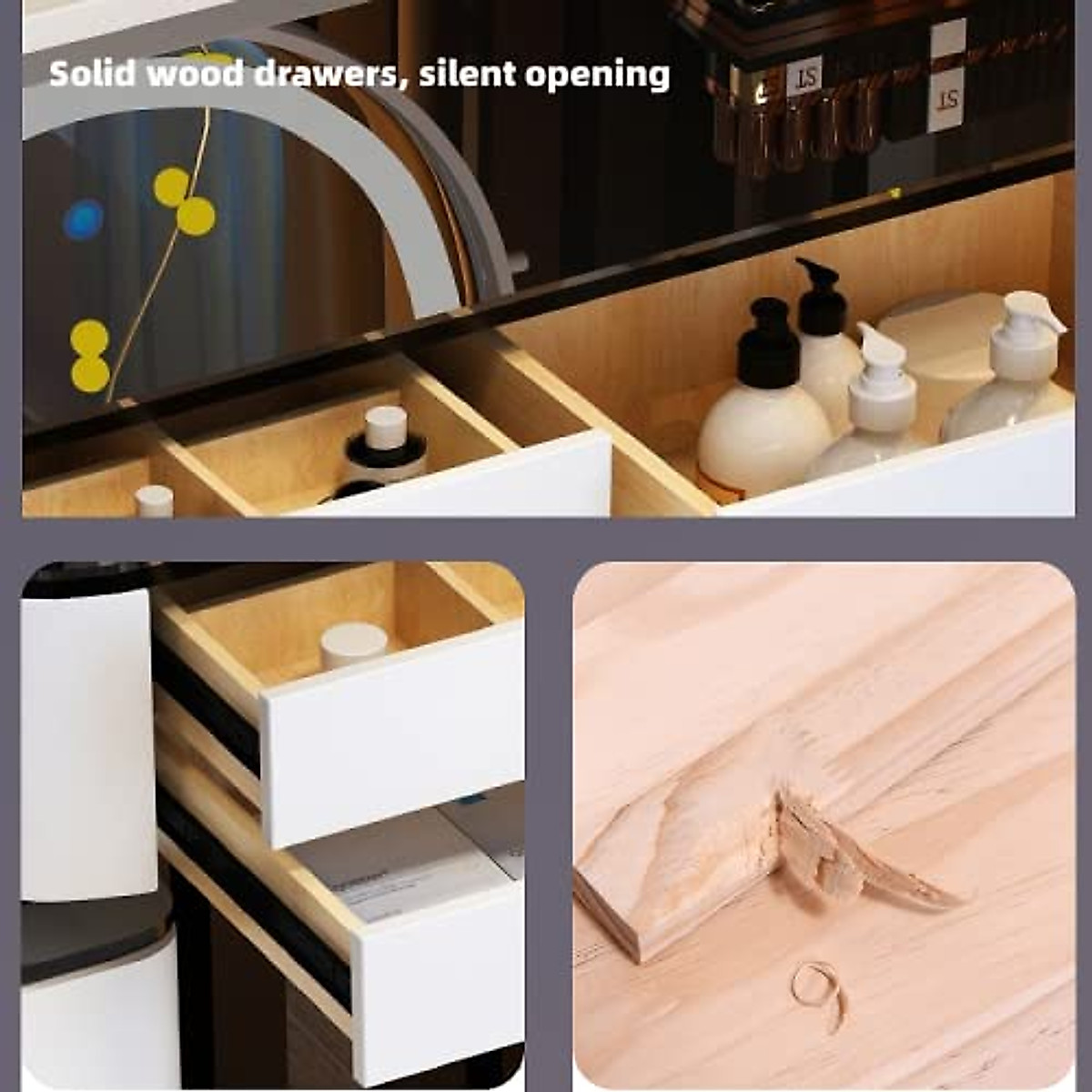 ZGNBSD Vanity Desk - Makeup Vanity with Bluetooth Speaker and Wireless Charging Station, Includes Cute Vanity Mirror and Seat, Vanity with 5 Drawers, Solid Wood, for Her (Grey)