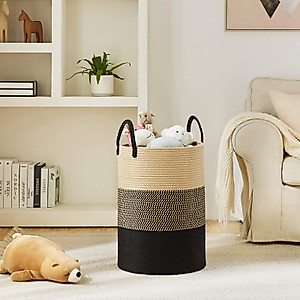 Black Woven Rope Laundry Basket by TECHMILLY, 58L Baby Nursery Hamper for Clothes Blanket Storage, Large Tall Laundry Hamper for College Dorm, Bedroom, Living Room