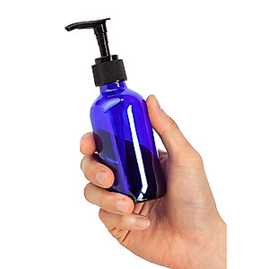 4 oz Cobalt Blue Glass Boston Round Bottle with Black Lotion Pump (12 Pack) + Funnel