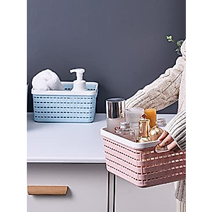 SOUJOY 5 Pack Classroom Storage Basket with Handles, Woven Plastic Organizing Bin, 9.1"L x 6.8''W x 4.5H'' Office Storage Organizer Bin for Pantry, School, Toy, Beauty Products