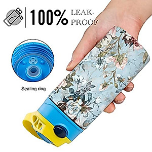 Thermos Cup 500Ml Watercolor Flower Insulated Water Bottle With Straw For Sports And Travel