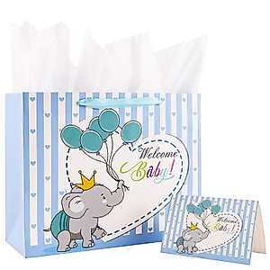 U'COVER 13" Welcome Baby Boy Girl Gift Bags for Baby Shower Medium Size with Ribbon Handles Cute Elephant Balloon Kraft Paper Bag with Tissue Paper Greeting Card 13 X 4.7 X 10 inch