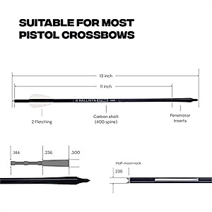 BALLISTA Sting Mini Crossbow Bolts Carbon Arrows with Field Tips, Half-Moon Nocks, Penetrator Inserts for Hunting Broadheads OD 6.0mm (Pack of 6) (13")
