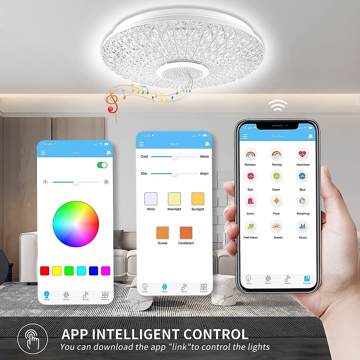 Mosasun 36W APP Remote Control Color Changing Ceiling Lamp with Bluetooth Speaker, Flush Mount LED Bathroom Music Ceiling Light for Kids Room, Laundry, Hallway