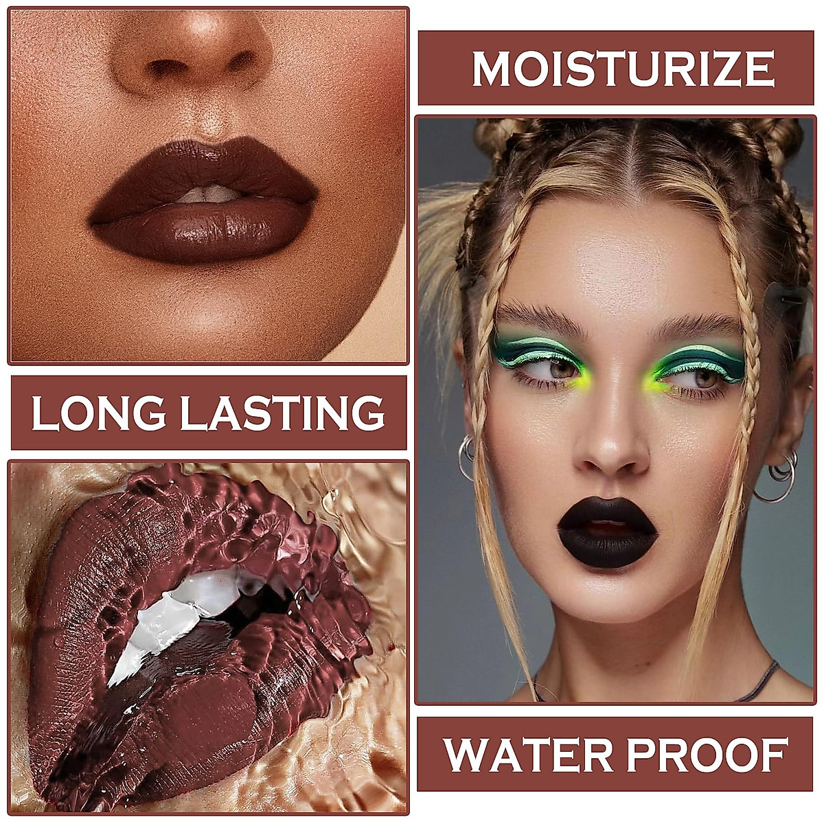 QIUFSSE 3 in 1 Black Lip Liner Pencil and Lipstick lipgloss Set Matte Black Lipstick Lip Gloss Kit Long-lasting Nonstick Cup Smudge Proof Lip Kits with Lip Liner,Velvet Goth Makeup (12#Black Magic)