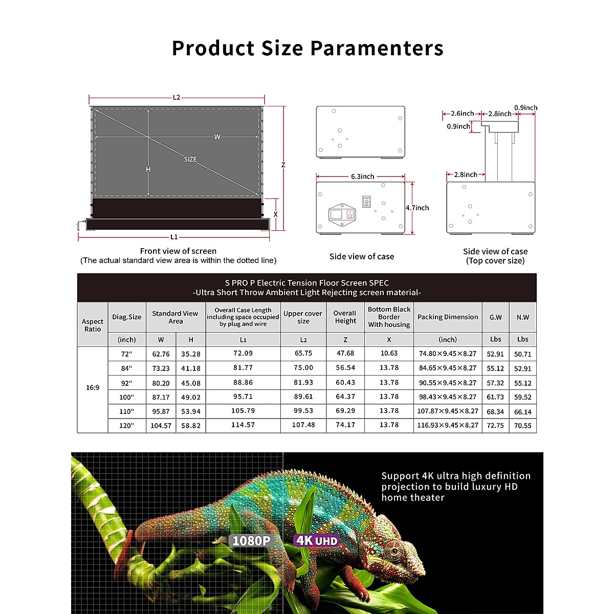 VIVIDSTORM-Projection Screen Stand S PRO P 92inch Portable Ambient Light Rejecting 4k Laser Projector Screen with Sound Transparent Perforated Compatible with UST Laser Projector,VBSDSTUST92HP