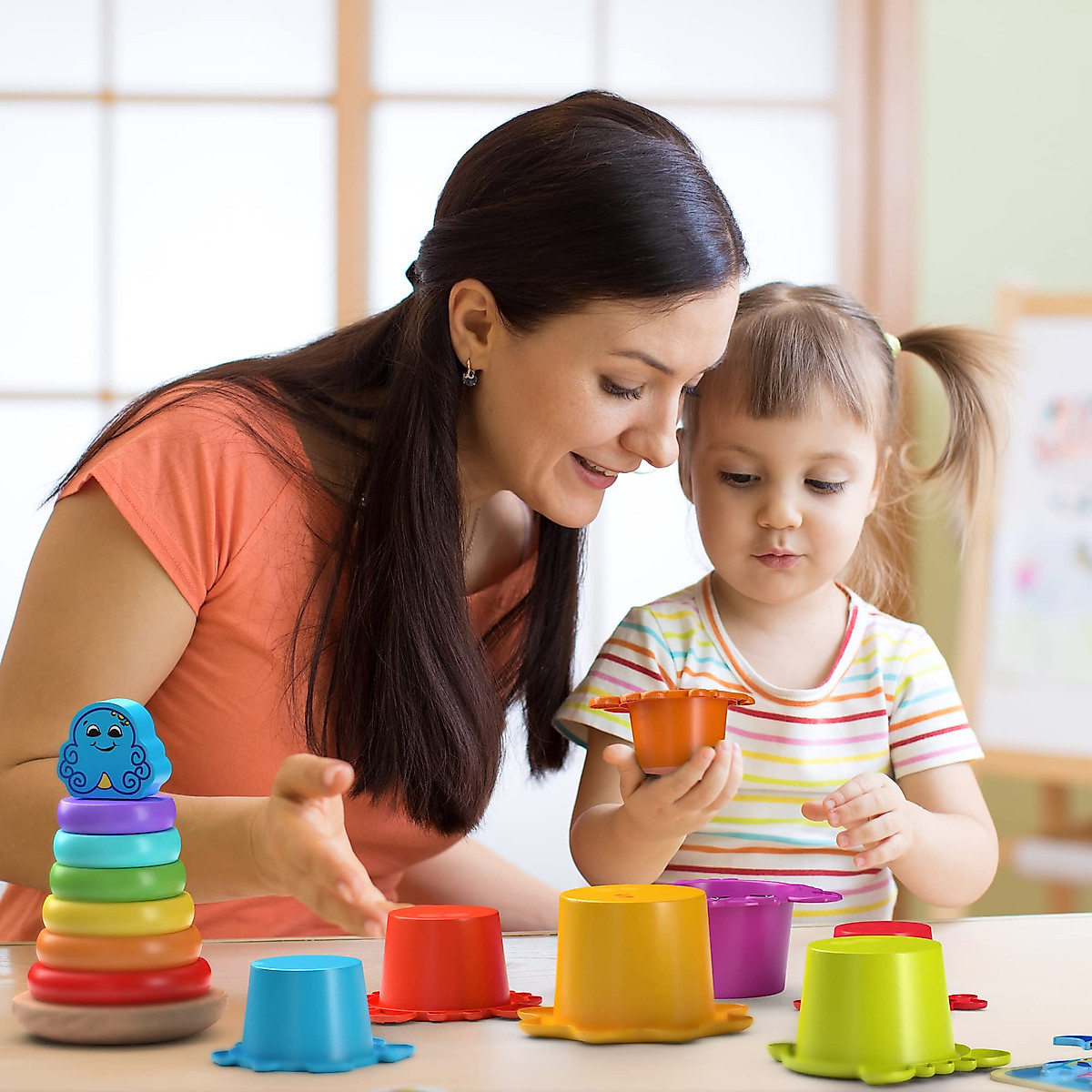 CoolToys Stack n’ Sort Toddler and Baby Learning Toys Set - 3 Fine Motor Skills Educational Toys for Toddlers, Wooden Stacking Rings, Stacking & Nesting Cups, Wooden Baby Puzzle, Ocean Theme