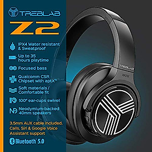 TREBLAB Z2 | Over Ear Workout Headphones with Microphone | Bluetooth 5.0, Active Noise Cancelling (ANC) | Up to 35H Battery Life | Wireless Headphones for Sport, Workout, Running, Gym