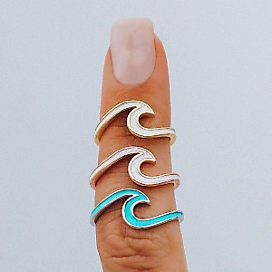 Pura Vida Gold Plated Enamel Wave Ring - .925 Sterling Silver, Brass Base Band - Size 9