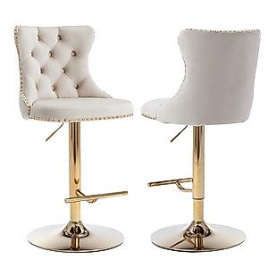 Aoowow Swivel Bar Stools Set of 2,Adjustable Barstools with Back Velvet Tufted Counter Stool Modern Upholstered Bar Chairs with Nailhead for Kitchen Island Restaurant Pub Counter (Beige-Gold)
