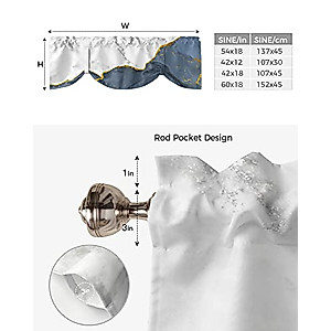 Tie Up Curtain Valance for Kitchen,Marble Texture Watercolor Blue Gold and White Colors Window Valances Adjustable Tie-up Shade Valance,Ink Painting Rod Pocket Short Curtains for Bathroom 60x18in