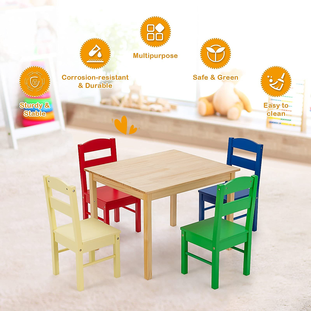 KOTEK Kids Wood Table and 4 Chair Set, Children Multi Activity Table for Learning, Playing, Drawing, Toddler Picnic Table and Chairs Set for Home, Classroom and Daycare (Assorted)