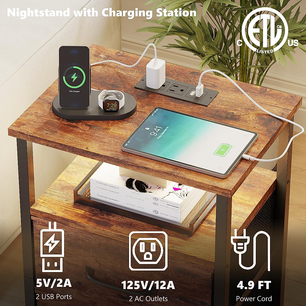 TRIFEBLE Nightstands Set of 2, Night Stand with Charging Station and Led Lights, Bedside Table with 2 Fabric Drawers for Bedroom, Small Side End Table with Open Shelf, Rustic Brown