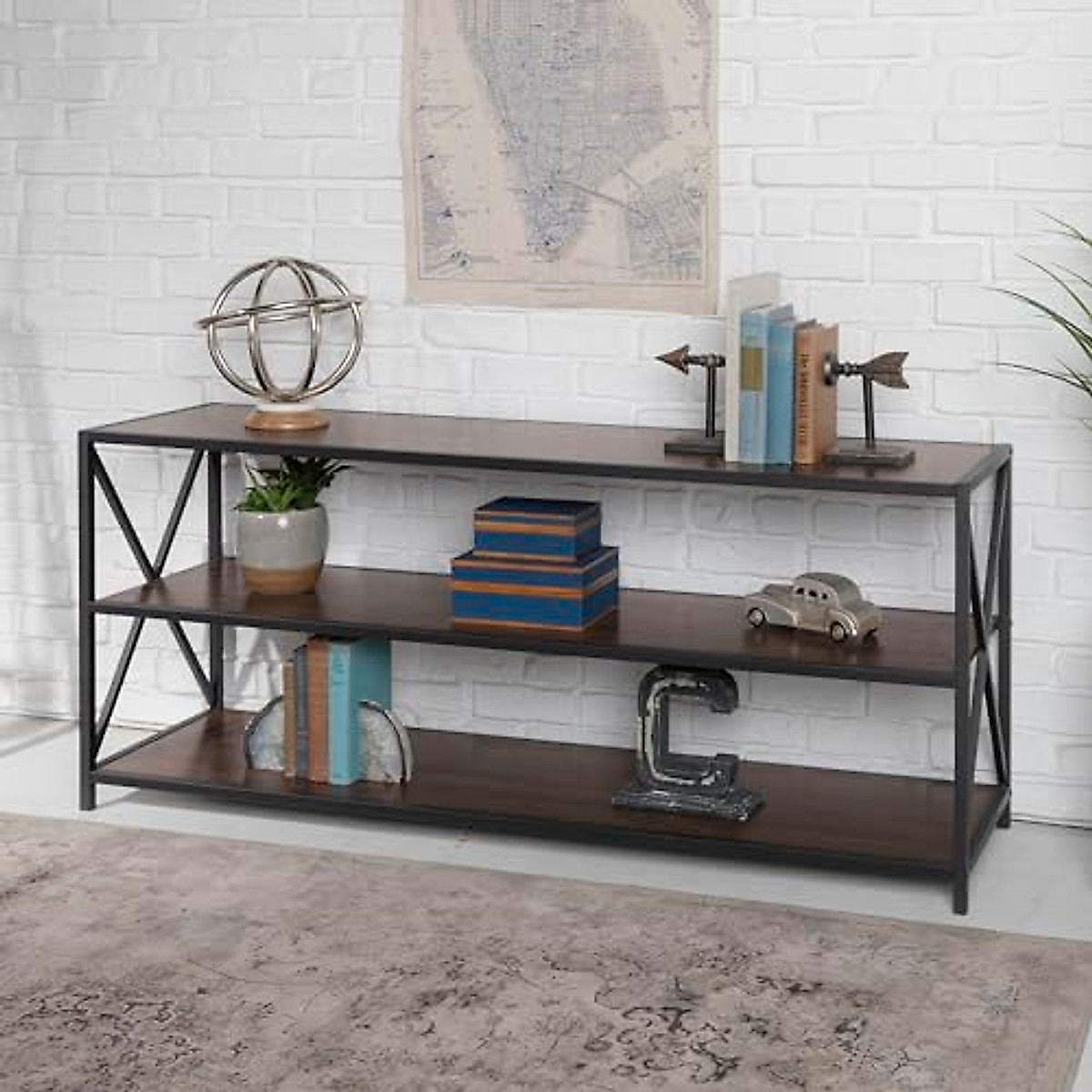 Walker Edison 2 Shelf Industrial Wood Metal Bookcase Tall Bookshelf Storage Home Office, 60 Inch, Dark Walnut