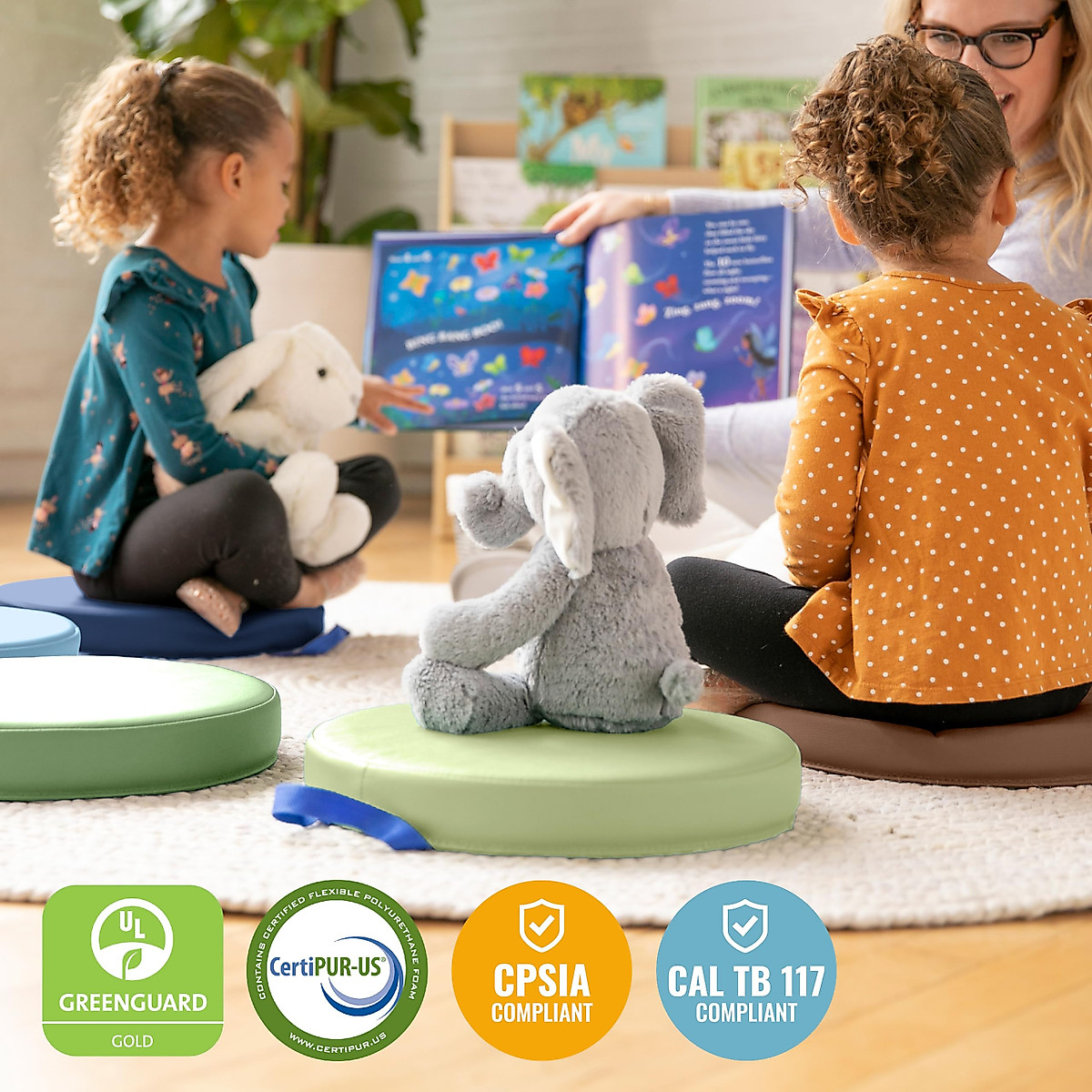 ECR4Kids SoftZone Floor Cushions with Handles, 2" Deluxe Foam, Round, Earthtone, (6-Pack)