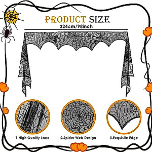 Amaxiu Halloween Fireplace Mantle Scarf, Spiderweb Mantel Decor Black Lace Fireplace Mantle Cover 18 x 96 in Festive Halloween Party Decorations Gothic Indoor Decor
