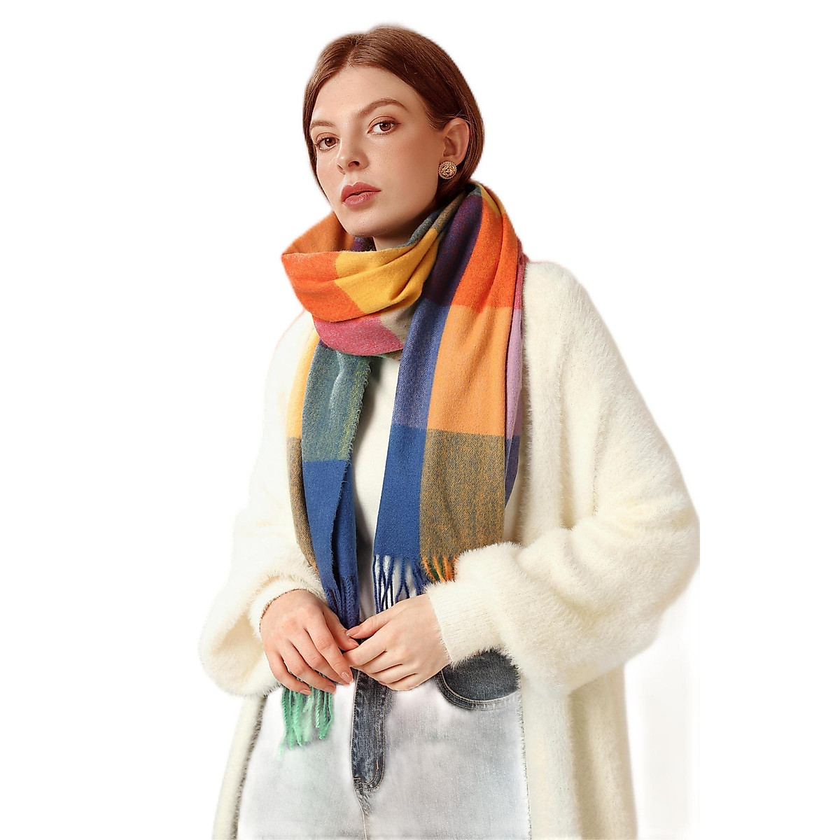 PCIQUTE Tartan Plaid Scarves for Women Winter,Long Scarves for Women with Fringe,Super Soft Scarf for Women Winter（Plaid, turmeric green）