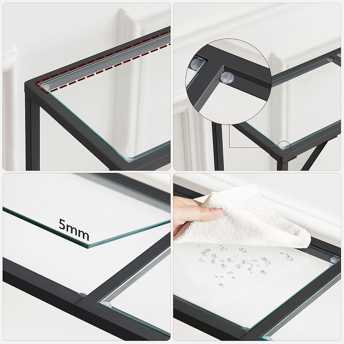 MAHANCRIS Console Table, 27" Narrow Behind Sofa Table, Tempered Glass Entryway Table with Metal Frame, Adjustable Feet, Industrial Style, for Entrance, Living Room, Hallway, Balcony, Black CTH68B01