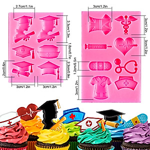 Whaline 2 Pack Nurse Graduation Themed Fondant Molds Silicone Doctor Nurse Grad Hat Medical Equipment Candy Mould Congrats Grad Chocolate Baking Resin Mold for Cupcake Cake Topper Decoration