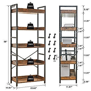 HCHQHS Bookshelf Adjustable 5 Tier Open Bookcase,Rustic Farmhouse Book Shelves, Industrial Wood and Black Metal Bookshelves,Mid Century Bookcase for Home Office Living Room Bedroom (Rustic, 5 Tier)