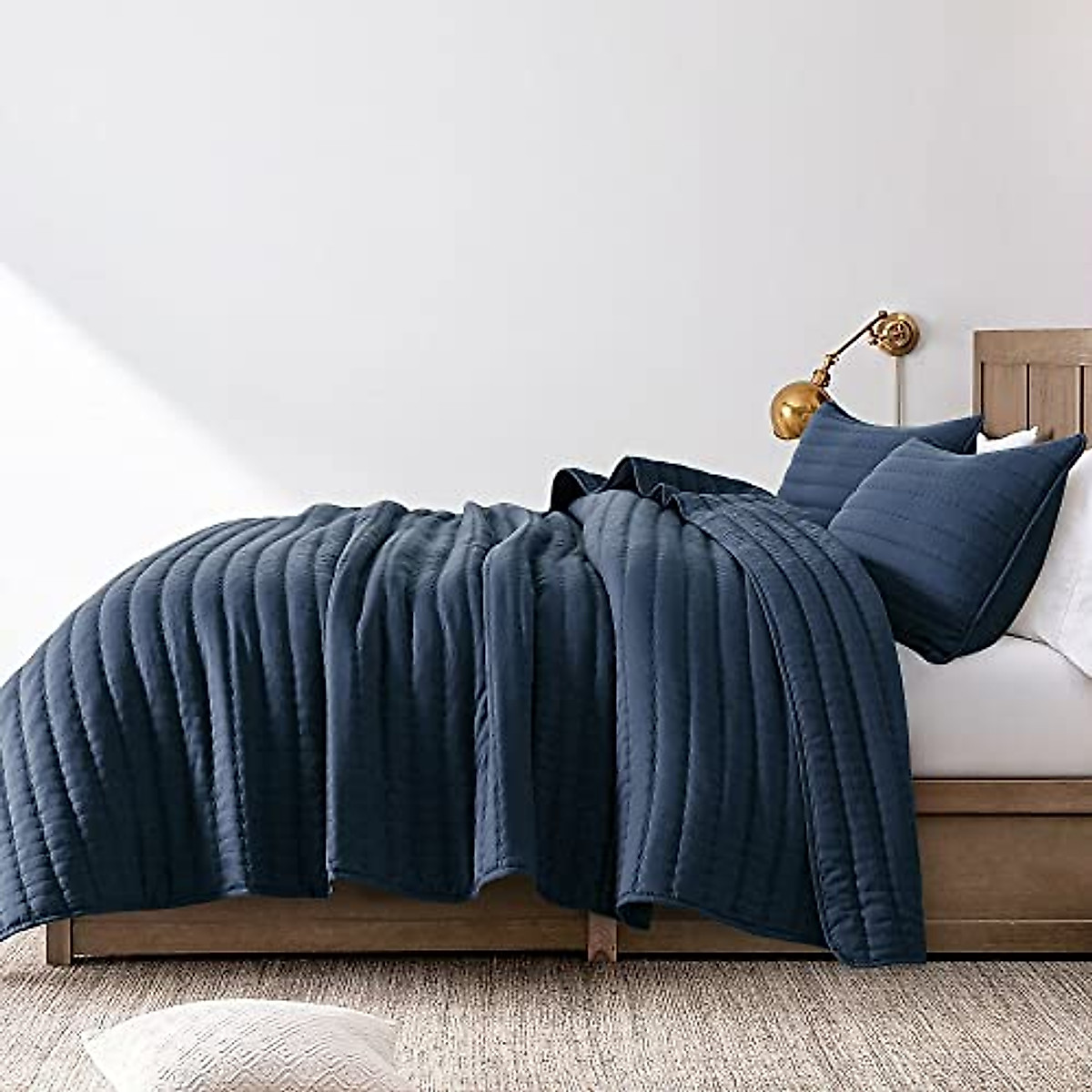 Navy Blue Queen Size Quilt Bedding Sets with Pillow Shams, Mustard Full Lightweight Soft Bedspread Coverlet, Quilted Blanket Thin Comforter Bed Cover for All Season, 3 Pieces, 90x90 inches